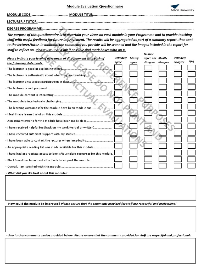Module Evaluation Questionnaire | PDF | Learning | Psychological Concepts