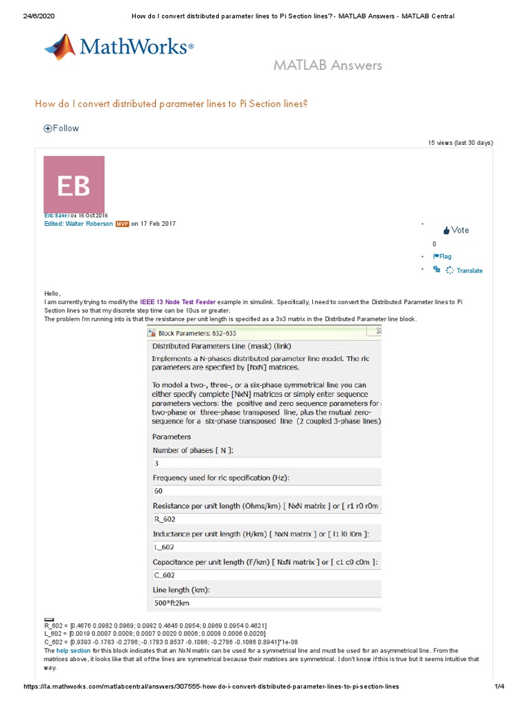 Convert Distributed Parameter Lines To Pi Section Lines - MATLAB Answers - MATLAB Central | PDF ...