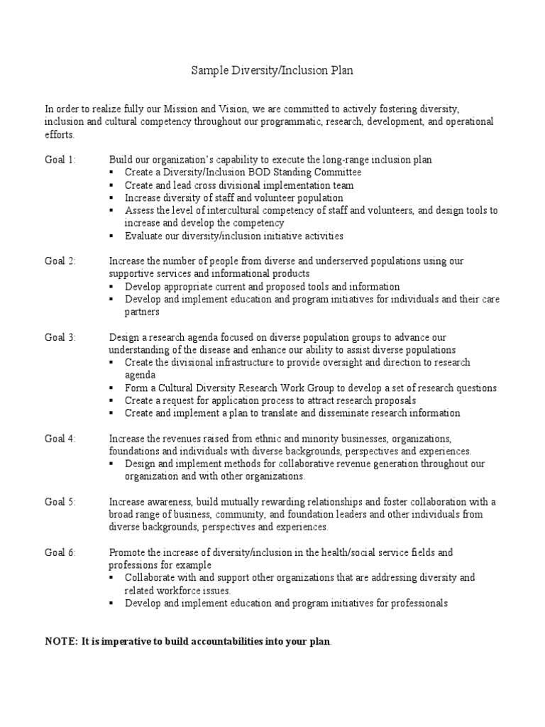 Sample Diversity Plan | PDF | Inclusion (Education) | Multiculturalism