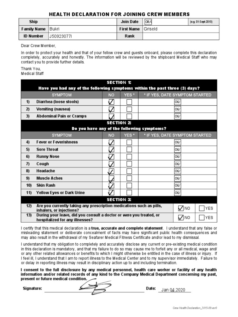 Crew Health Declaration - 2015-09 - Ver0 | PDF | Symptom | Symptoms And ...