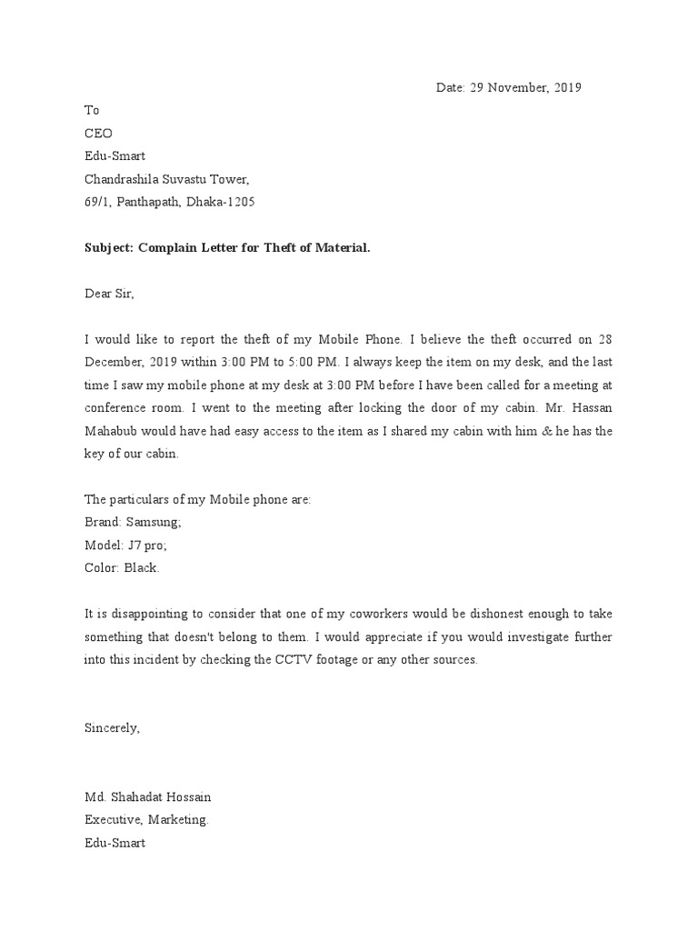 Subject: Complain Letter For Theft of Material | PDF