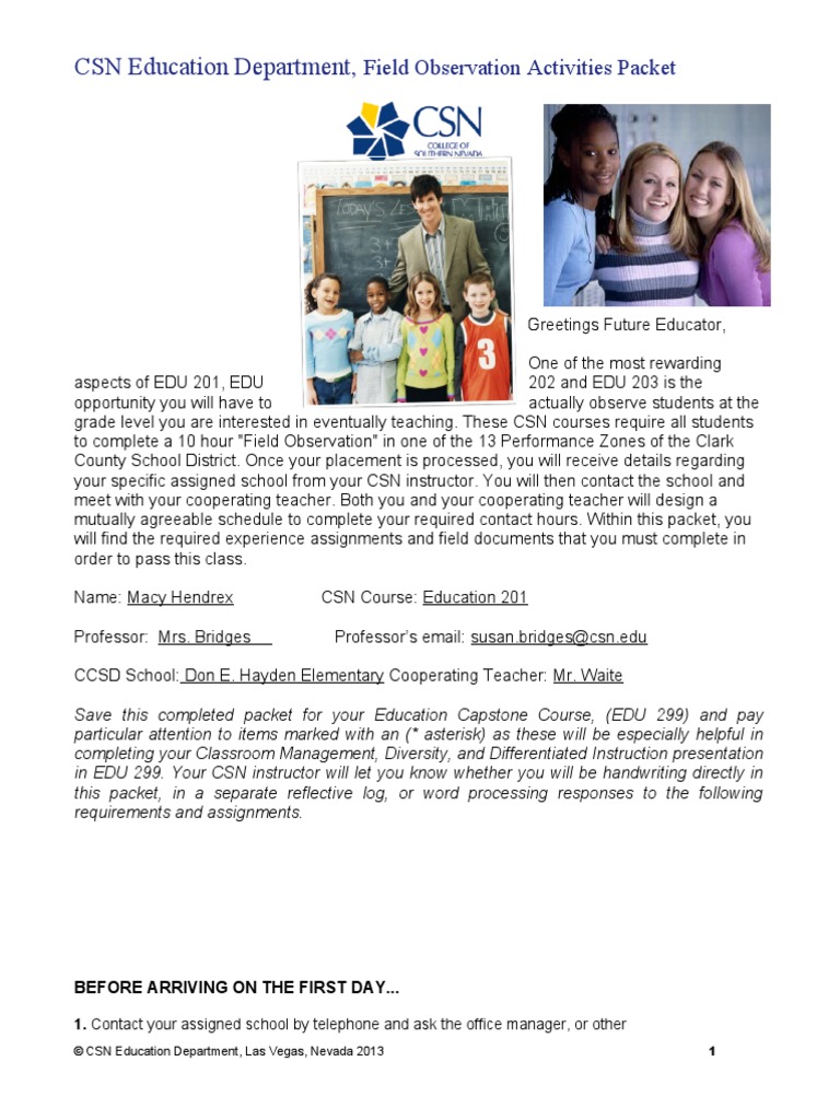 Field Observation Activities Packet | PDF | Classroom | Teachers