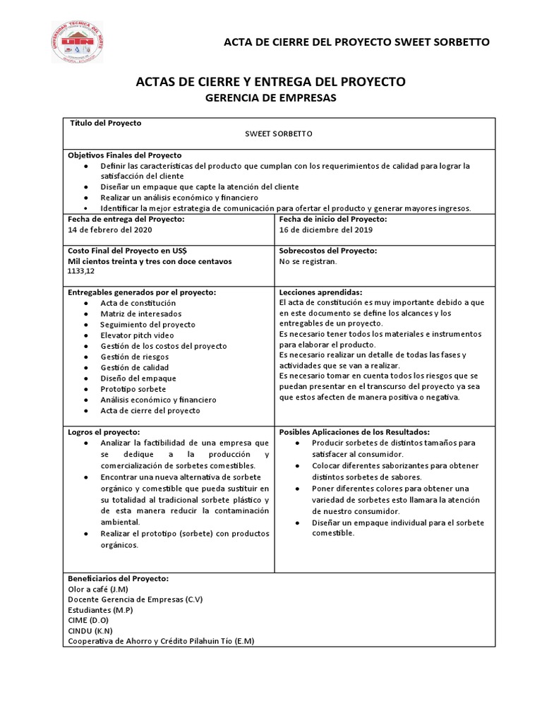 Acta de Cierre de Proyecto | PDF | Cliente | Business