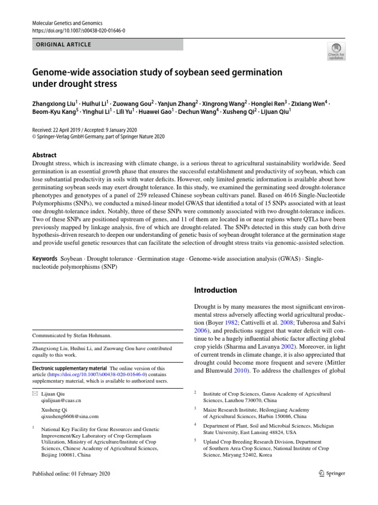 Genome Wide Association Study of Soybean Seed Germination Under Drought Stress | PDF | Single ...