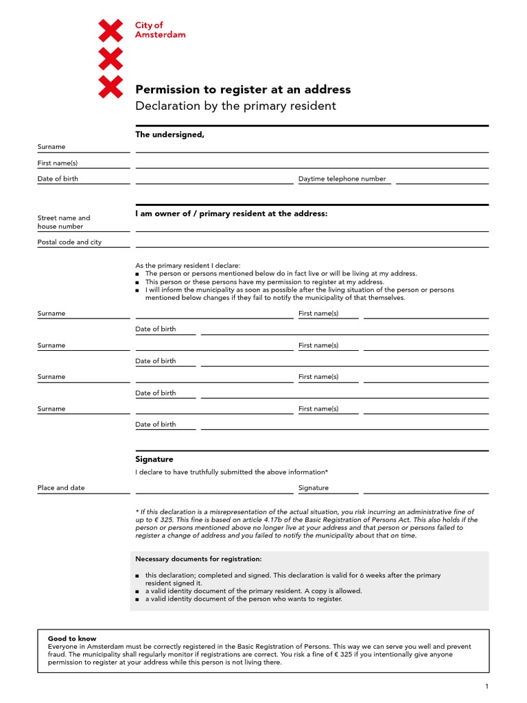 Declaration by The Primary Resident: Permission To Register at An ...