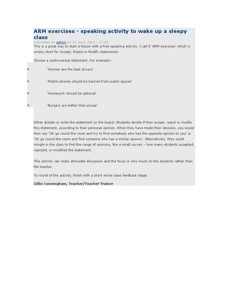 ARM Exercises - Speaking Activity To Wake Up A Sleepy Class: Submitted ...