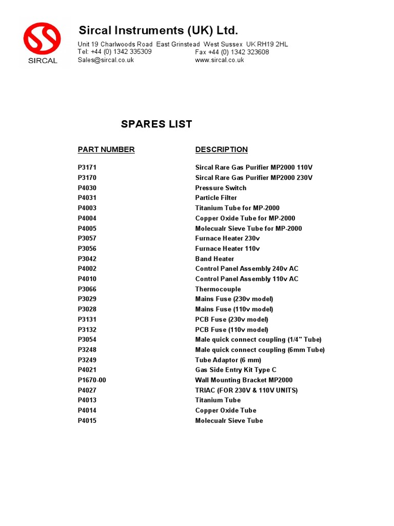 Sircal MP-2000 Spares Catalogue | PDF