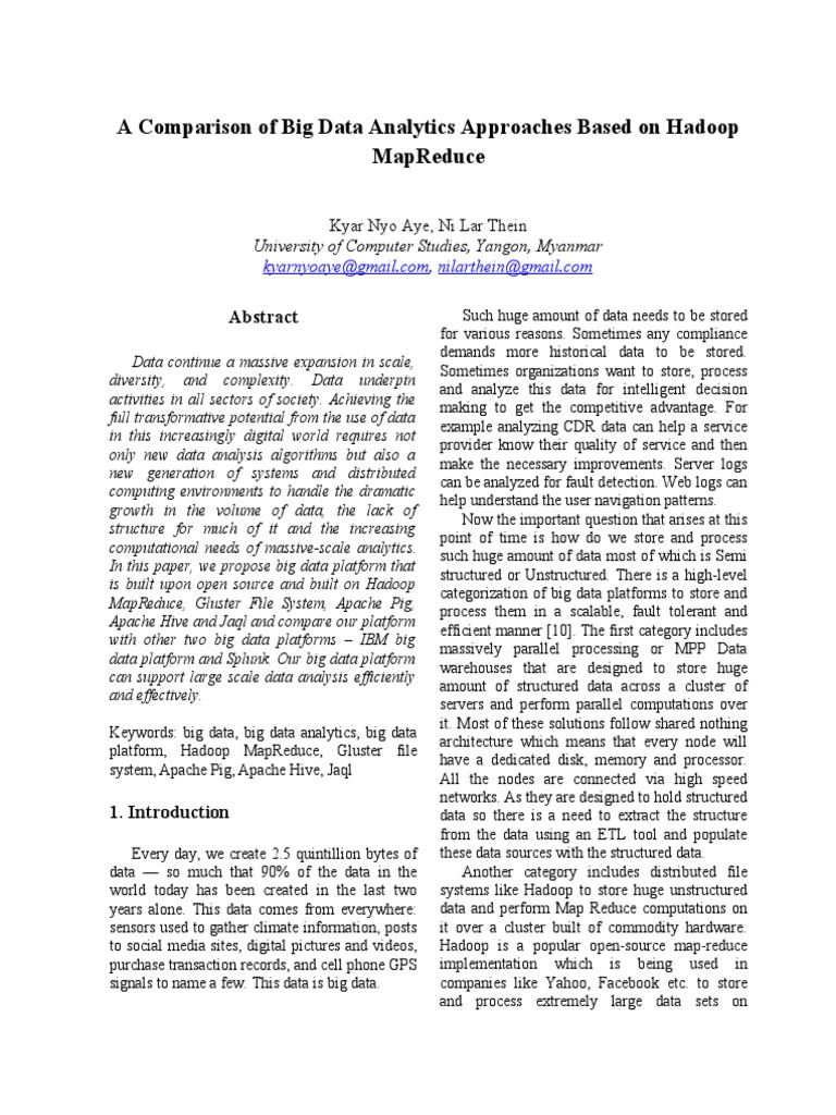 A Comparison of Big Data Analytics Approaches Based On Hadoop Mapreduce | PDF | Apache Hadoop ...
