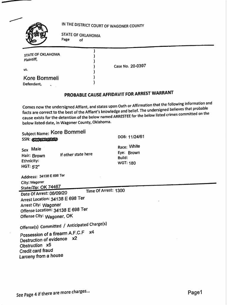Probable Cause Affidavit For Arrest Warrant On Kore Bommeli | PDF
