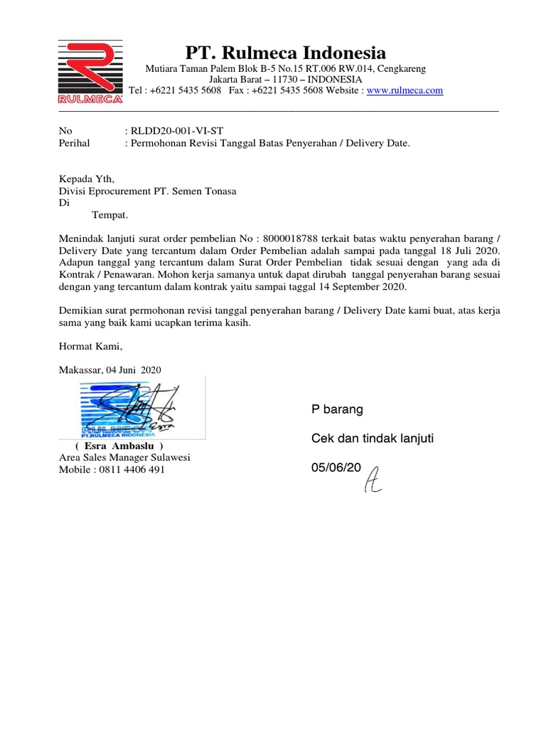 Surat Permintaan Revisi Delivery Date | PDF