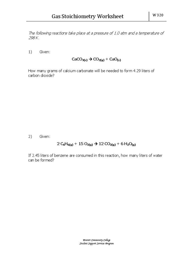 Gas Stoichiometry Worksheet: Caco Co + Cao | PDF