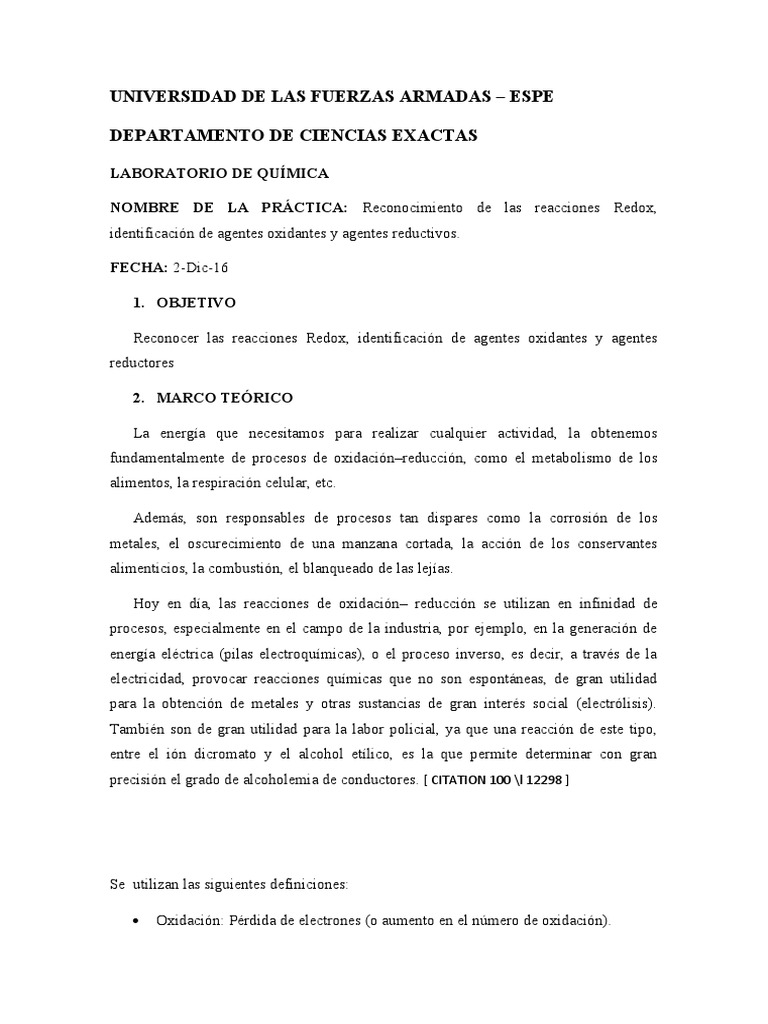 Practica 3 Lab Química | PDF | Redox | Ingeniería de Procesos Químicos