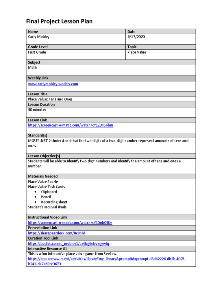 Edu620 Final Project Lesson Plan | PDF | Quiz | Lesson Plan