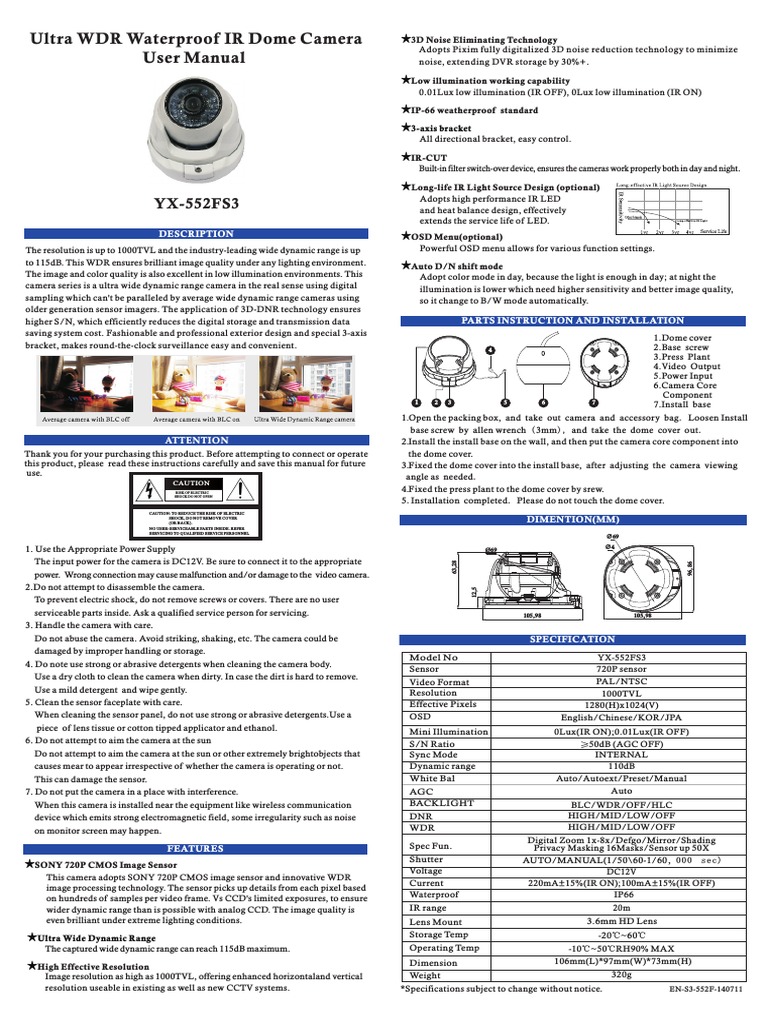 YX-552FS3: Ultra WDR Waterproof IR Dome Camera User Manual | PDF ...