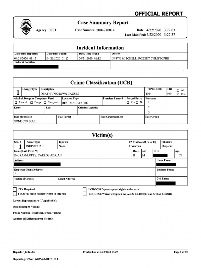 TPD Police Report On The April 21 Death of Carlos Ingram-Lopez | PDF