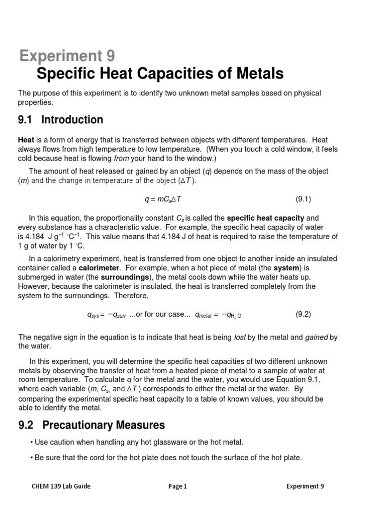 Specific Heat Capacities of Metals: Experiment 9 | PDF | Heat | Temperature