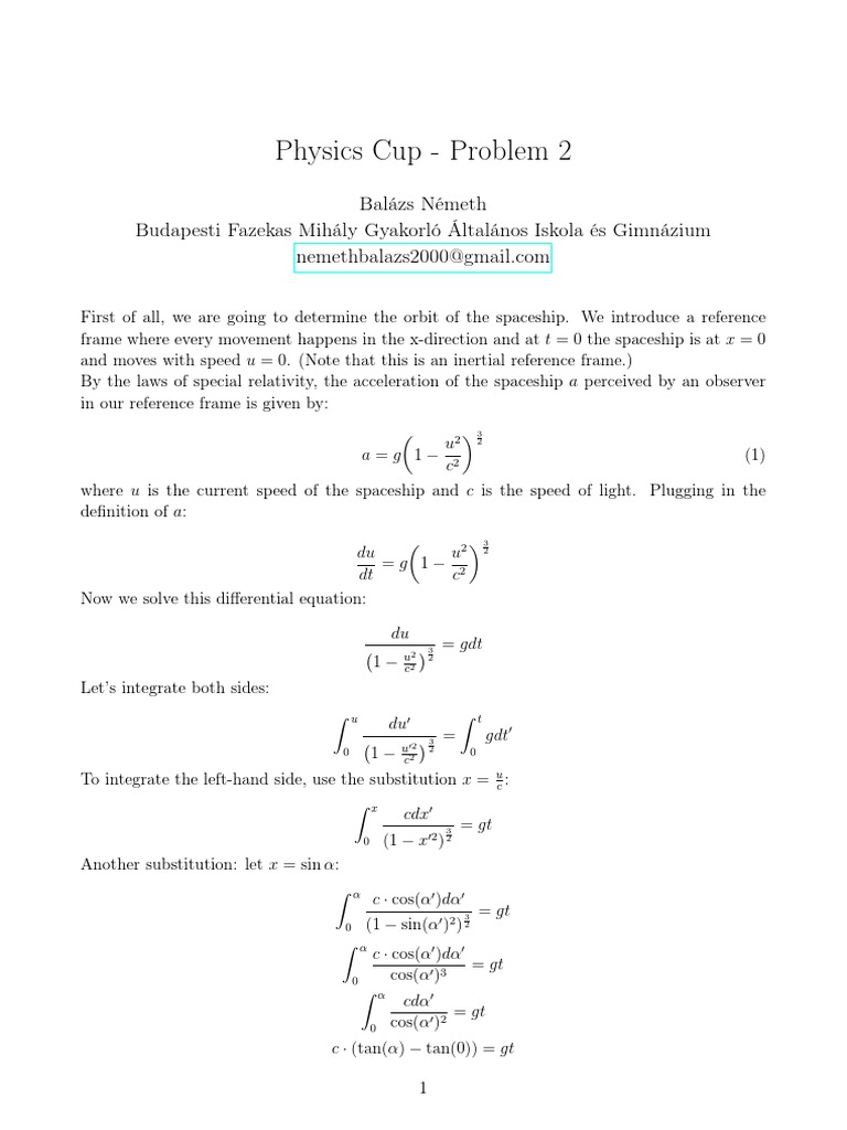 Physics Cup - Problem 2: Balázs Németh Budapesti Fazekas Mihály ...