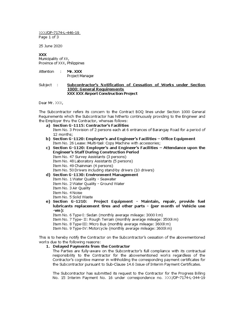 Draft Letter - Subcontractor's Cessation of Works Under General ...