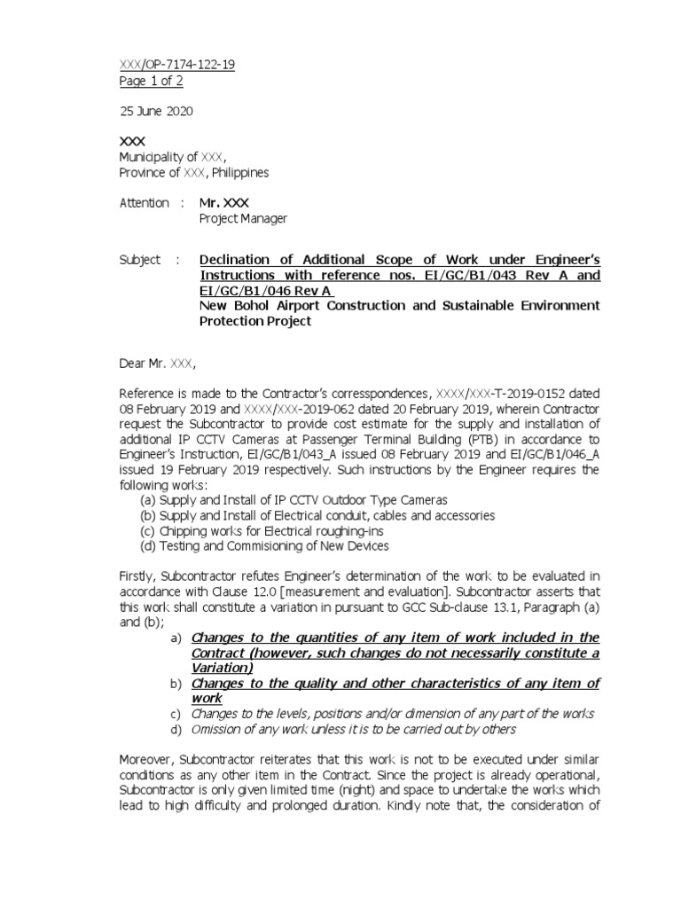 Draft Letter - Declination of Additional Work Due To Engineer's ...
