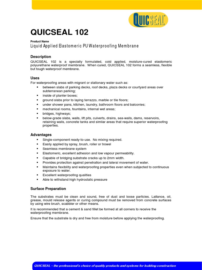 Quicseal 102: Liquid Applied Elastomeric PU Waterproofing Membrane ...