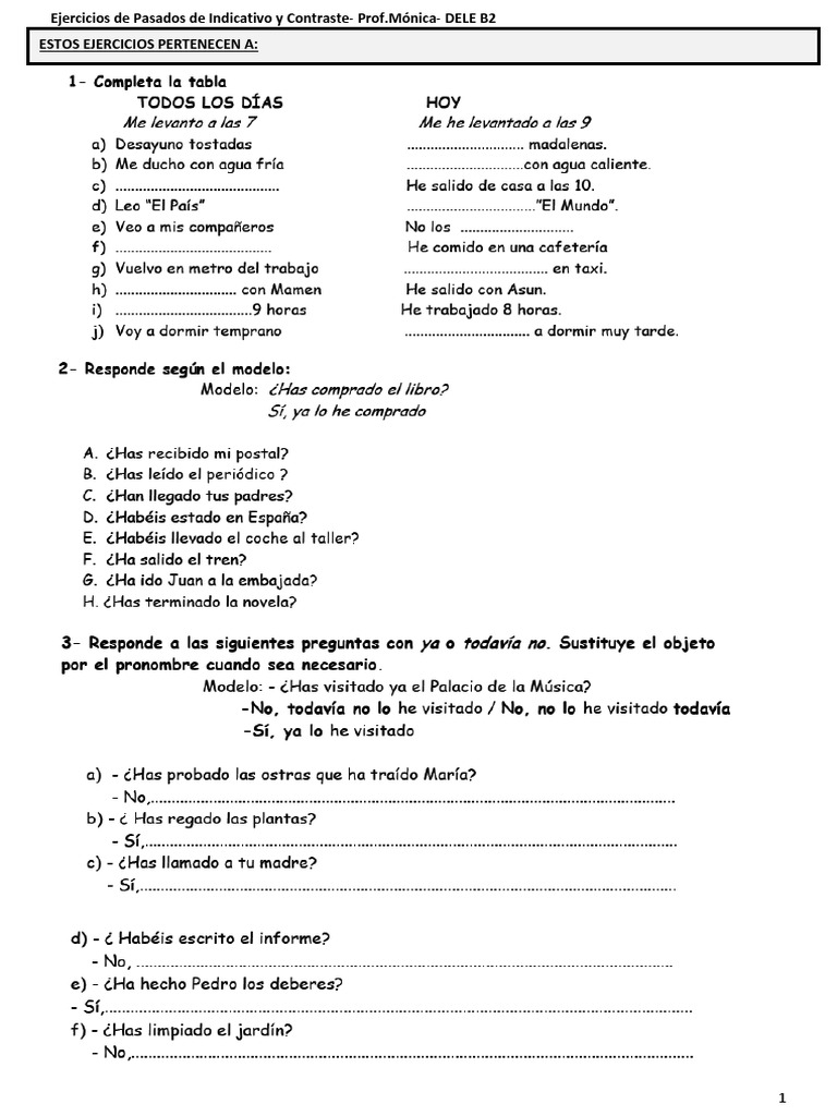 Ejercicios de Contraste - Tiempos Pasados - Español | PDF