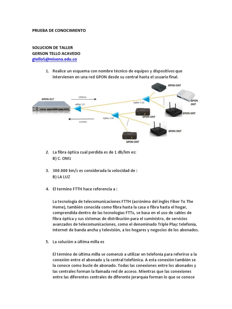 Prueba Conocimiento Redes Gpon | Descargar gratis PDF | Fibra óptica ...