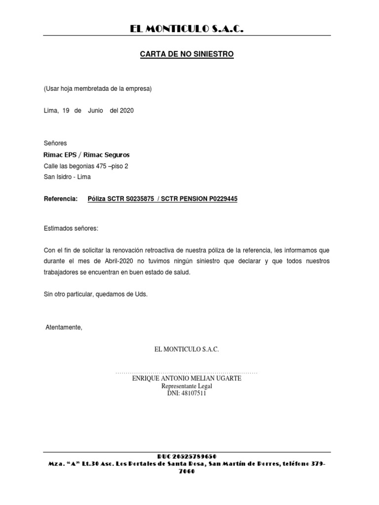 Carta de No Siniesrto - Rimac | PDF