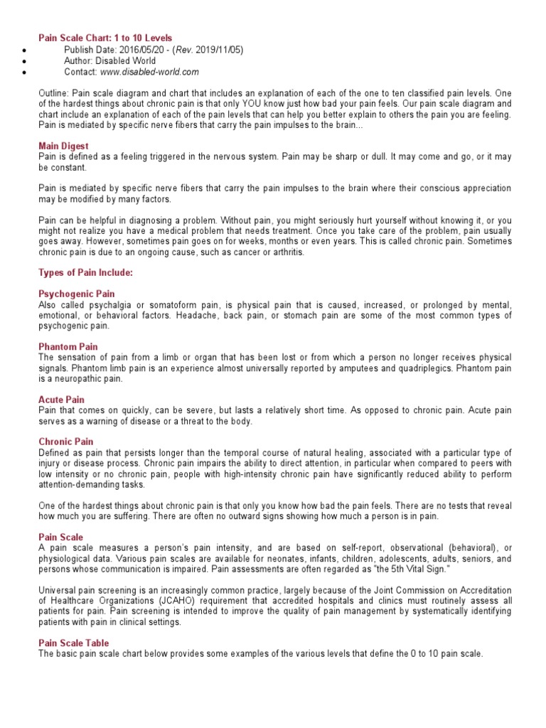 Pain Scale Chart: 1 To 10 Levels | PDF | Chronic Pain | Pain