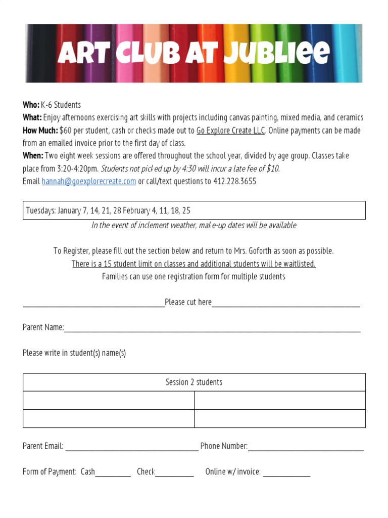 Art Club Registration for K-6 Students | PDF