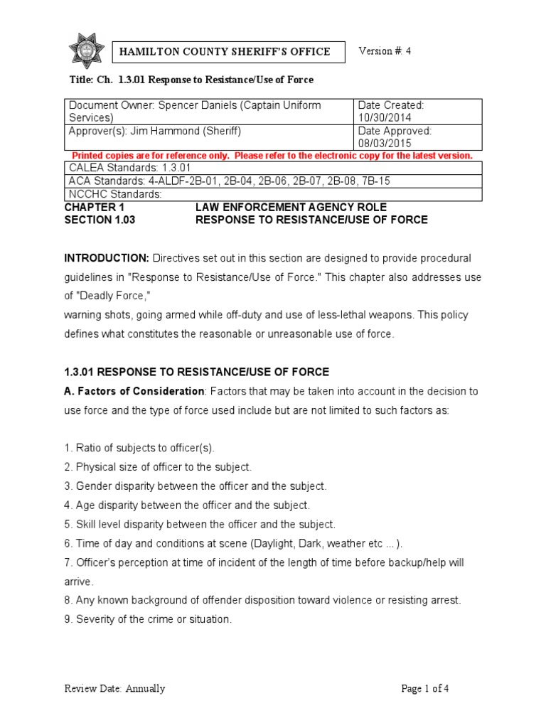 Response To Resistance - Use of Force 1.3.01 | Download Free PDF | Use ...
