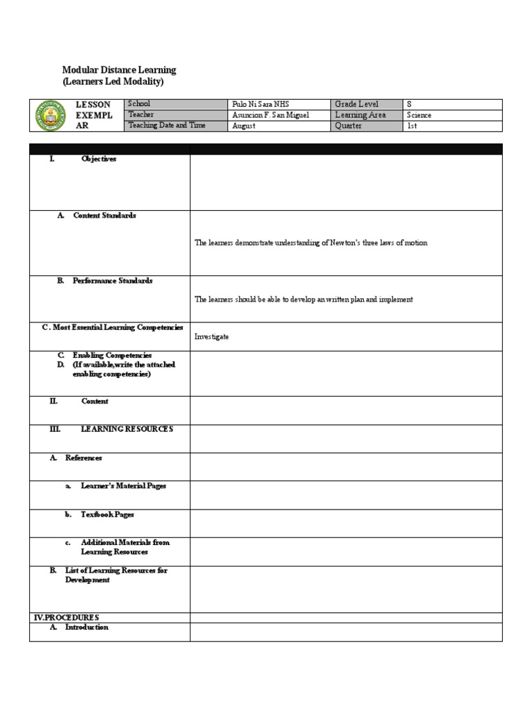 Modular Distance Learning (Learners Led Modality) : Lesson Exempl AR | PDF