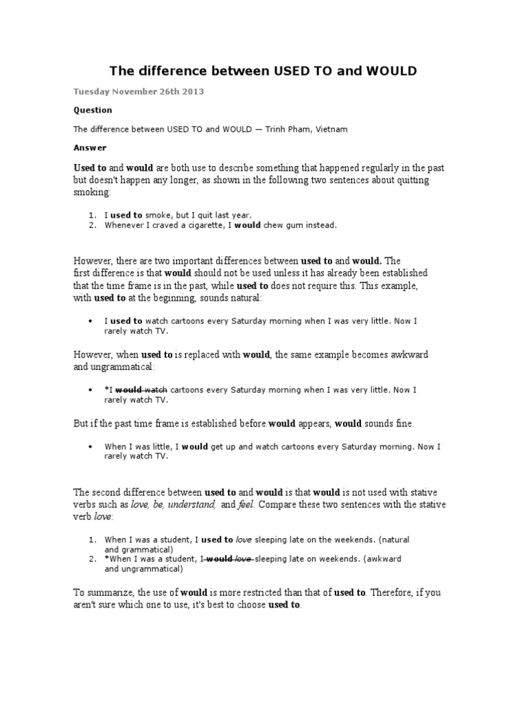 The Difference Between USED TO and WOULD | PDF | Grammar | Syntactic ...