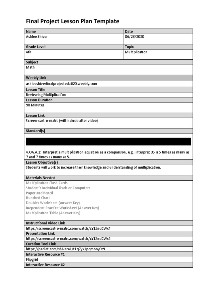 Final Project Lesson Plan Template: Name Date | PDF | Multiplication ...