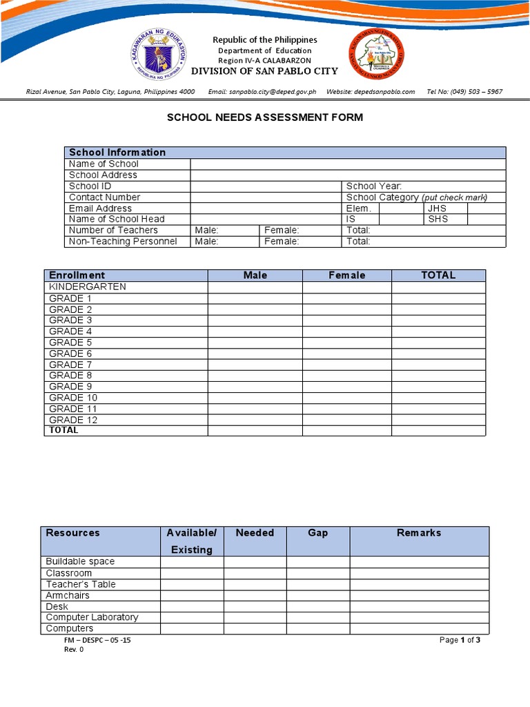 San Pablo School Needs Assessment Form | PDF