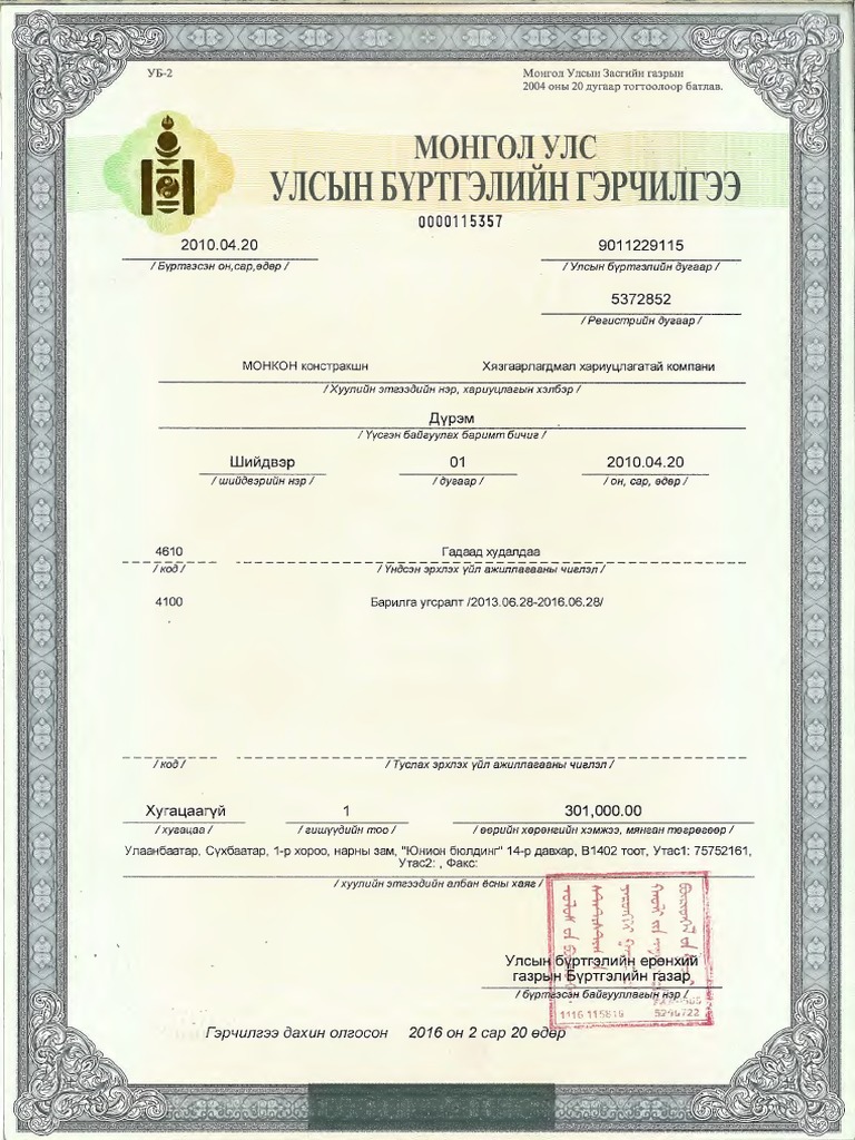 улсын бүртгэлийн гэрчилгээ Pdf Pdf