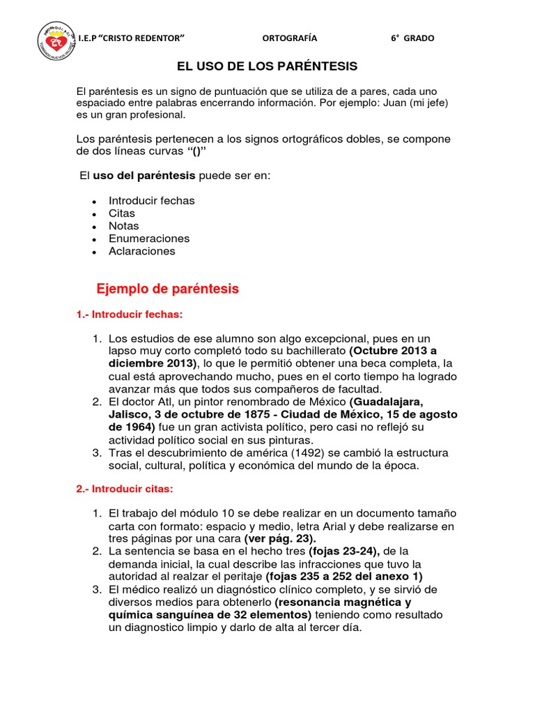 El Uso de Los Paréntesis PDF | PDF | Soporte