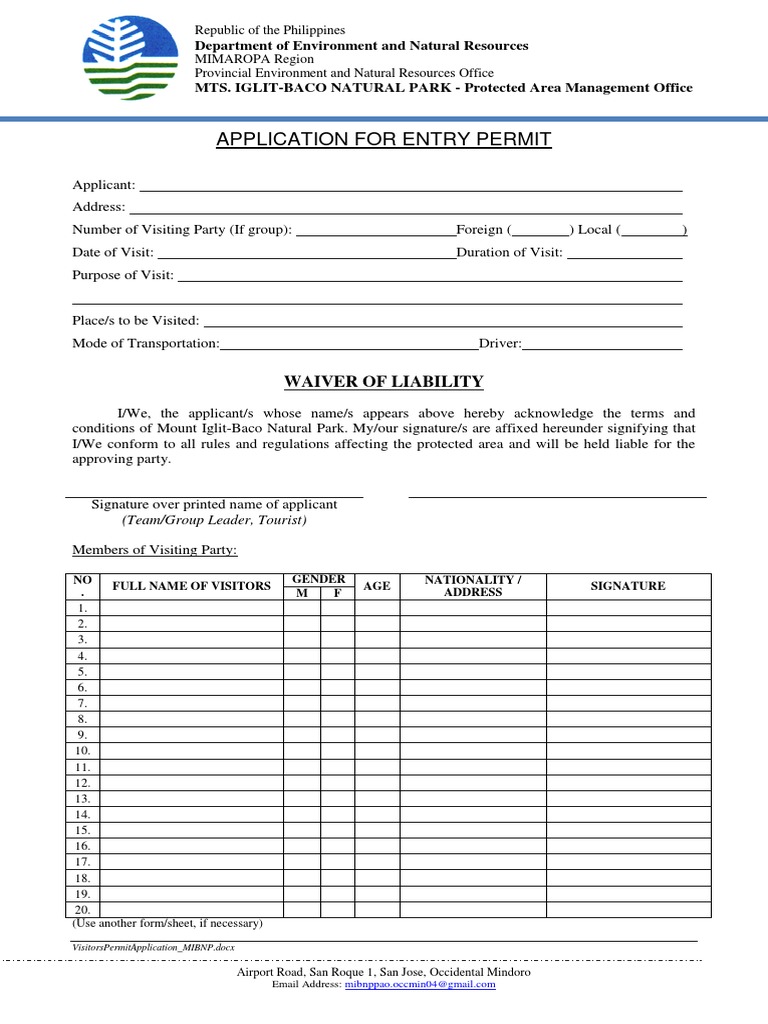 Application For Entry Permit: Waiver of Liability | PDF | Social ...