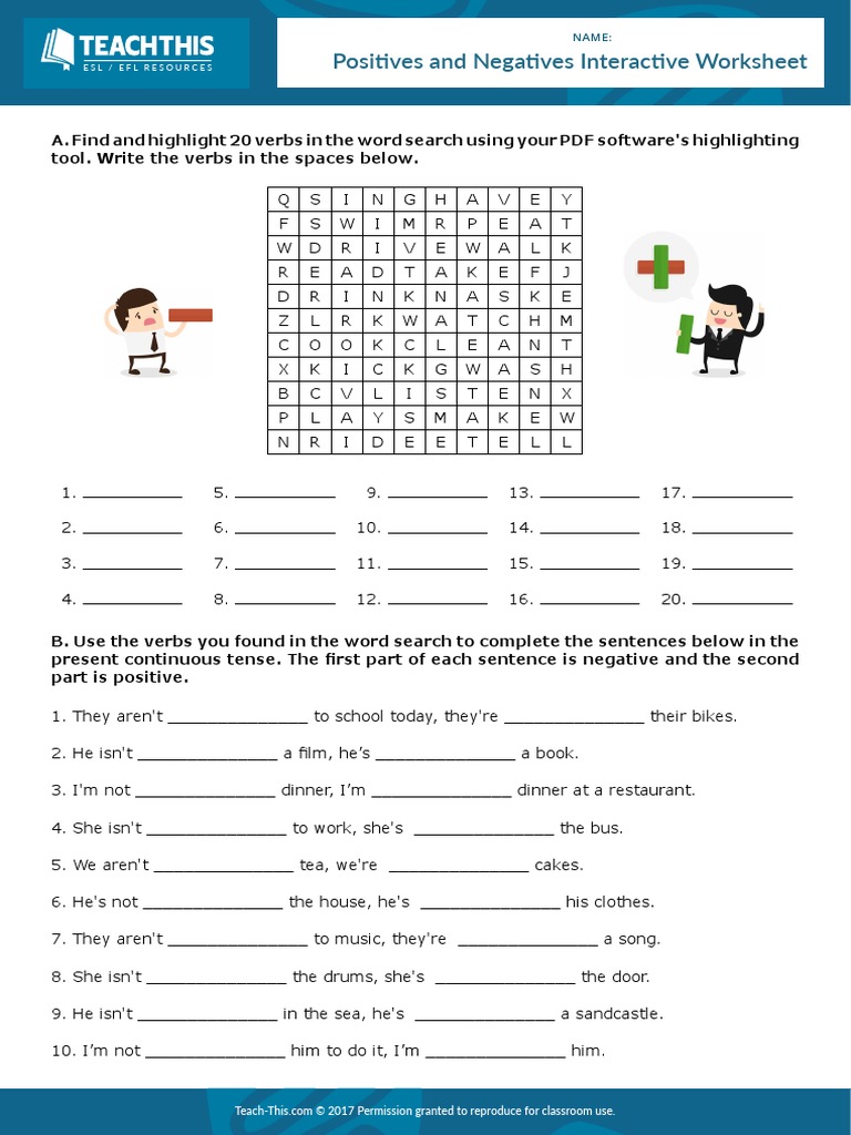 Positives and Negatives Interactive Worksheet: Esl / Efl Resources ...
