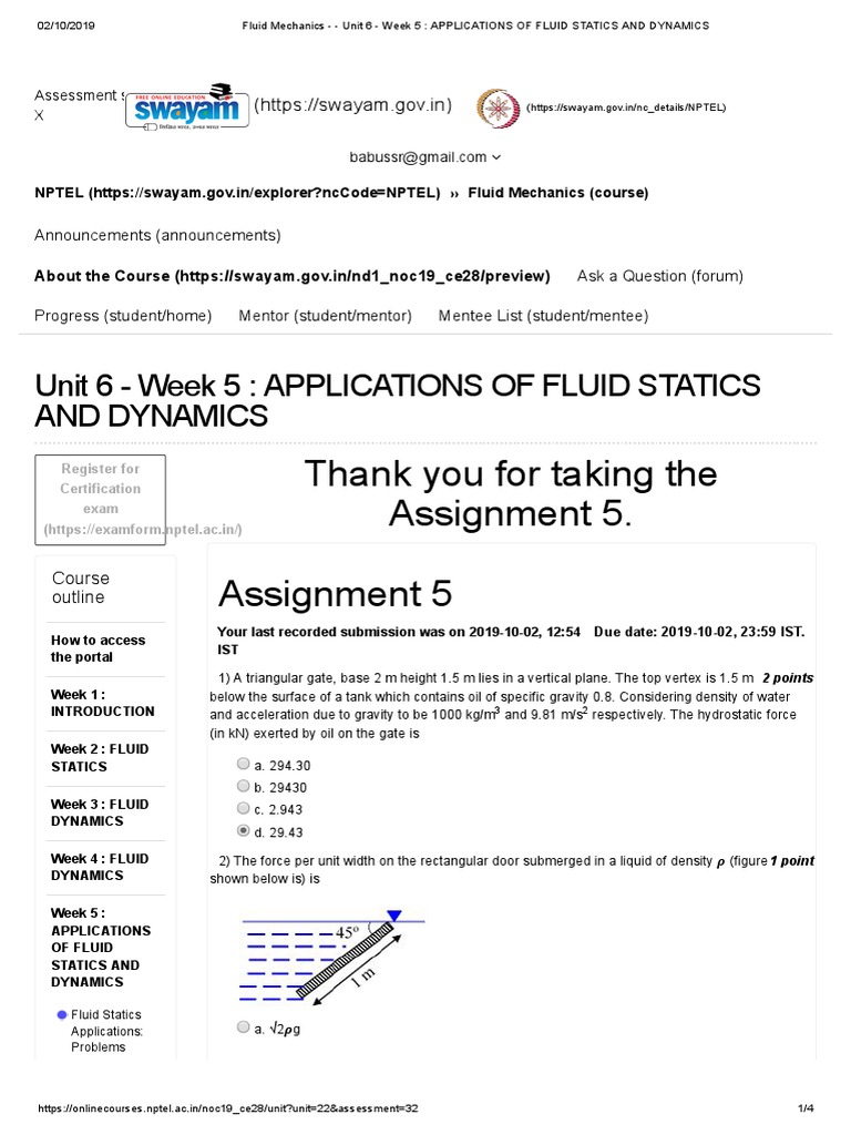 Fluid Mechanics - Unit 6 - Week 5 - APPLICATIONS OF FLUID STATICS AND ...