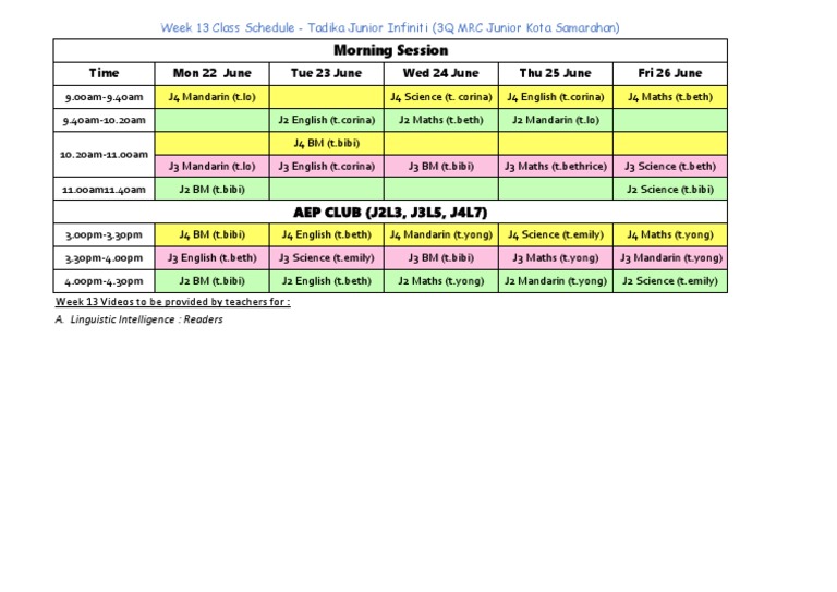 Week 13 Class Schedule (Teacher) | PDF