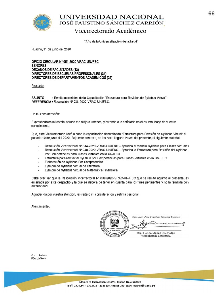 Oficio Circular #051-2020-Vrac-Unjfsc | PDF | Universidad | Ingeniería