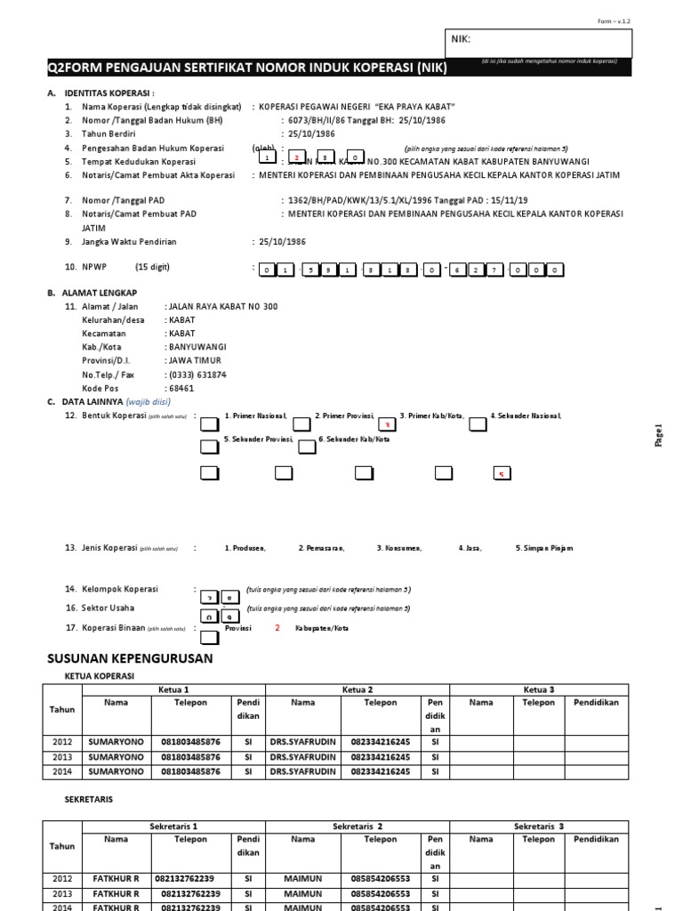 Form Profil Koperasi - v1.2 NIK | PDF