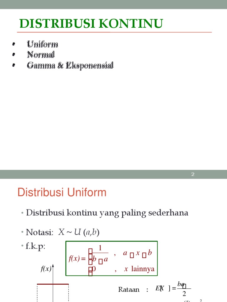 DISTRIBUSI KONTINU. Uniform Normal Gamma & Eksponensial. MA3181 Teori ...