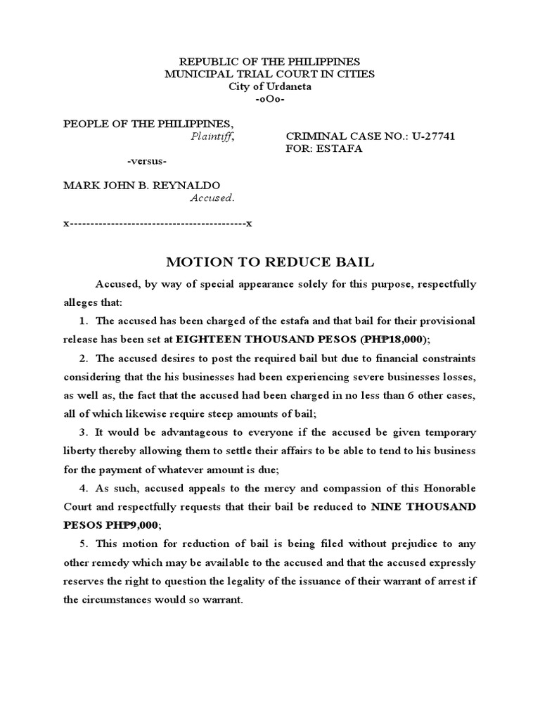 Reynaldo, Mark John - Motion To Reduce Bail U-27741 | PDF | Bail ...