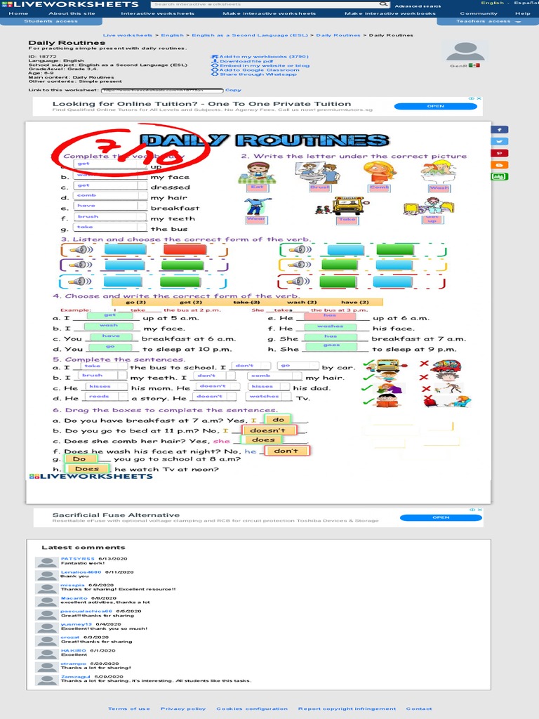 Daily Routines Online and PDF Worksheet | PDF | English As A Second Or ...