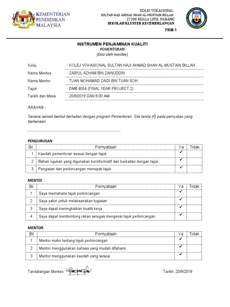 PKM-1 (Borang Pementoran-Mentee) | PDF