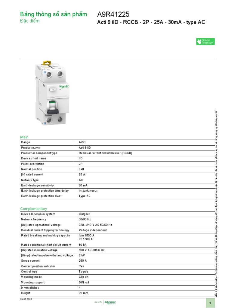 Product Specification Sheet for Acti 9 iID Residual Circuit Breaker: 25A, 2-Pole, 30mA Type AC ...