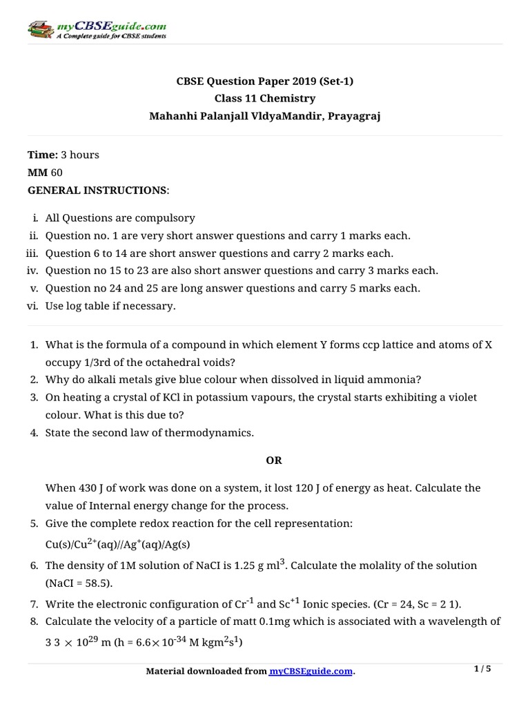 Class 11 Chemistry Question Paper 2019 (Set-1): Analysis of questions ...