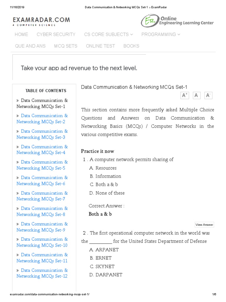 Data Communication And Networking Mcqs Set 1 Examradar Pdf Osi Model Computer Network