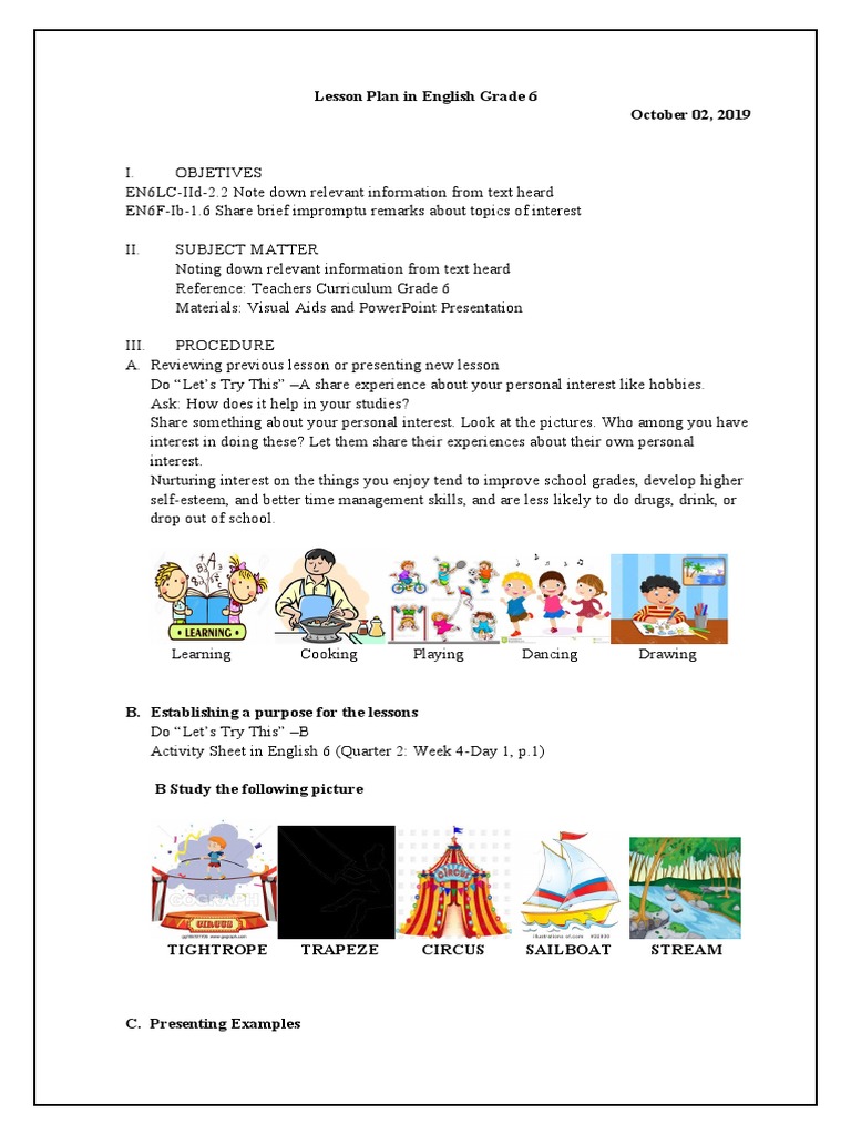 Lesson Plan in English Grade 6 October 02, 2019 | PDF | Lesson Plan ...